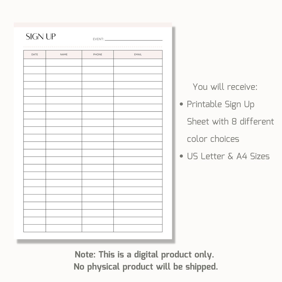 Printable Sign up Sheet Contact Sheet Event Sign up Form - Etsy
