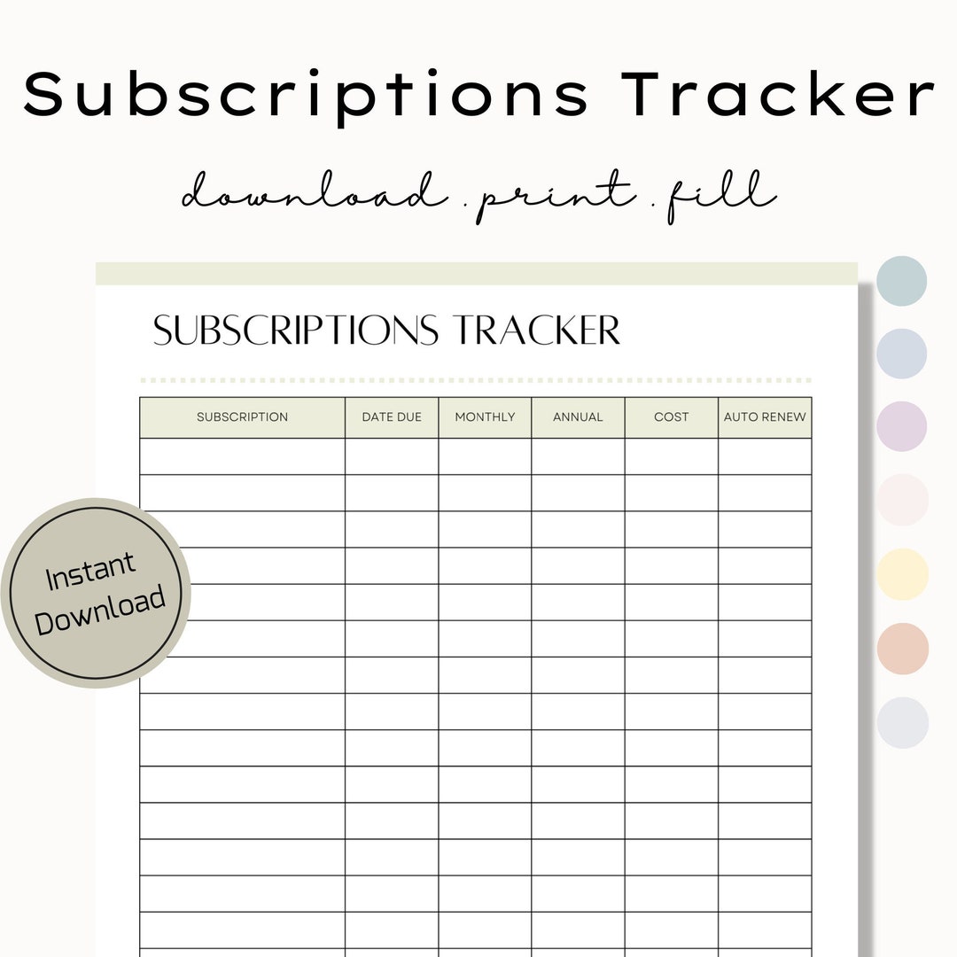 Printable Subscriptions Tracker Monthly Annual - Etsy