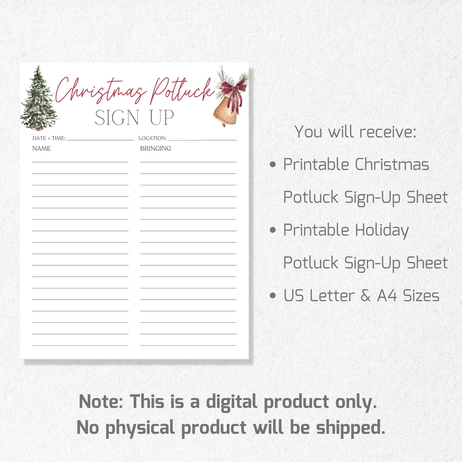 Christmas Potluck Sign up Sheet, Holiday Potluck Sign Up, Printable ...