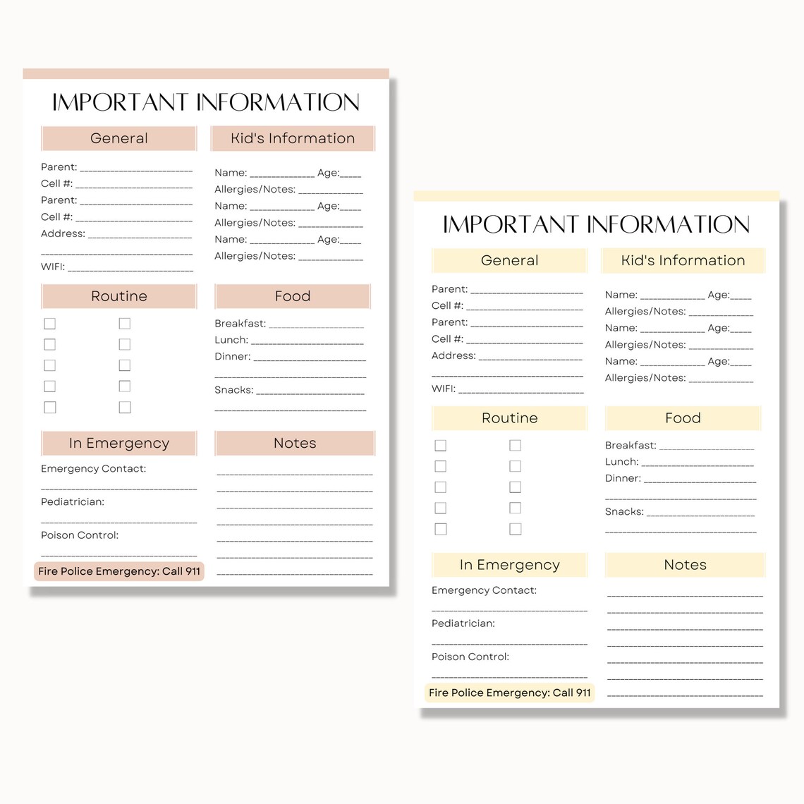 Printable Babysitter Important Information Sheet Template, Nanny Notes ...