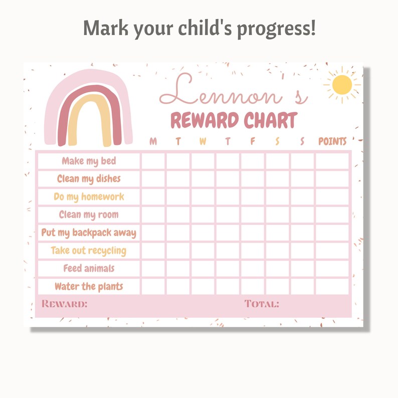 Boho Rainbow Sunshine Reward Chart, Printable Reward Chart, Editable ...