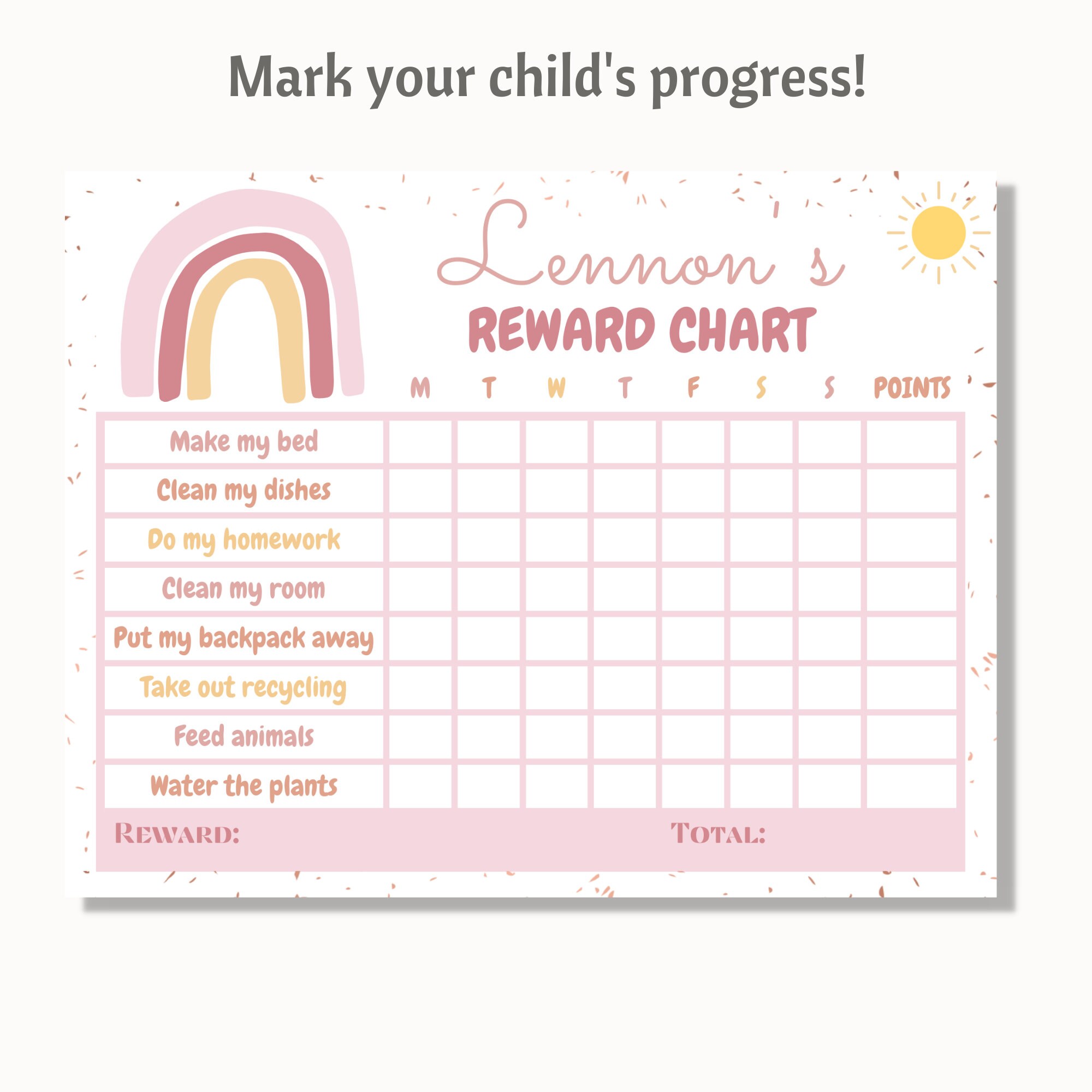 Boho Rainbow Sunshine Reward Chart, Printable Reward Chart, Editable ...