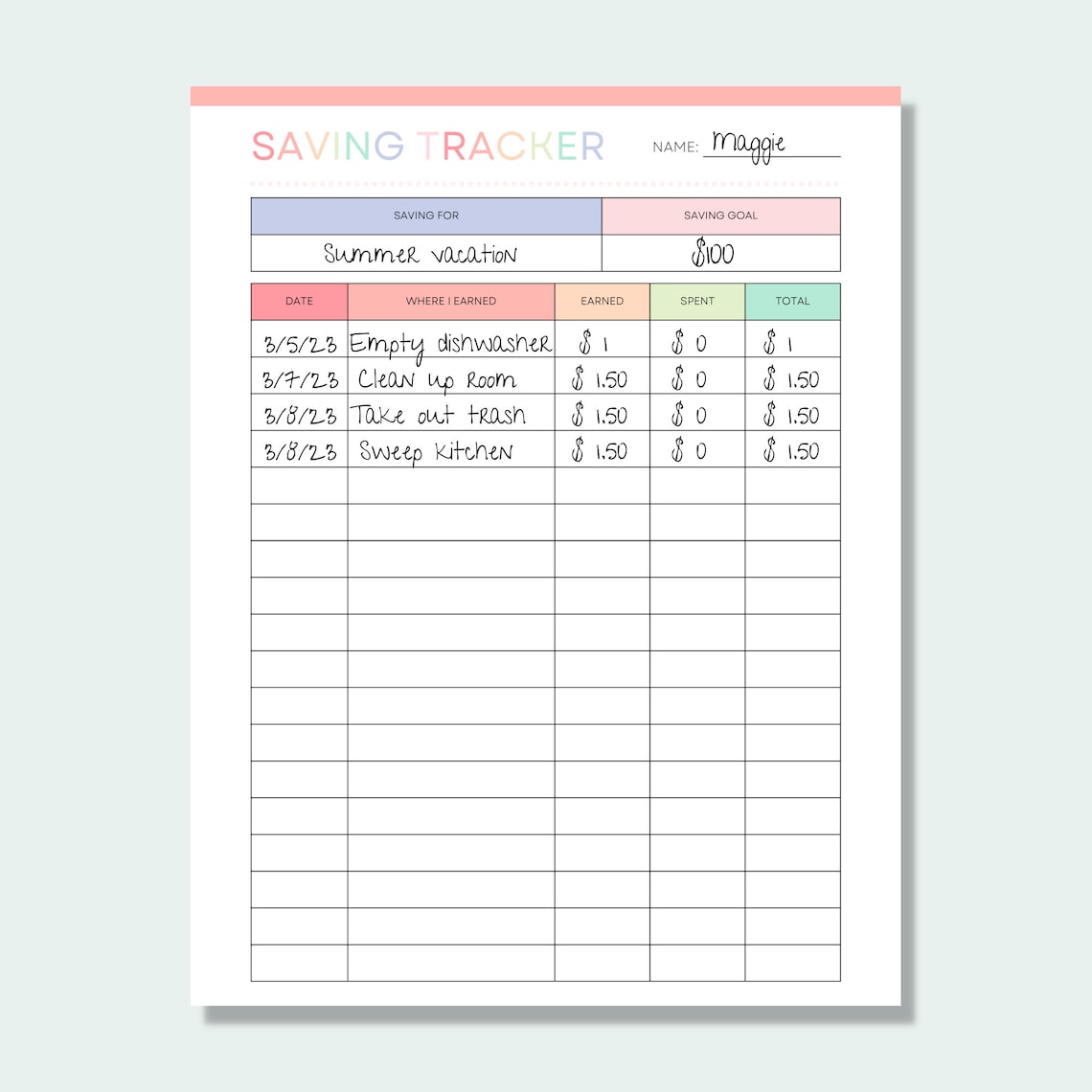 Printable Kids Savings Tracker, Kids Money Saving Goals, Financial ...
