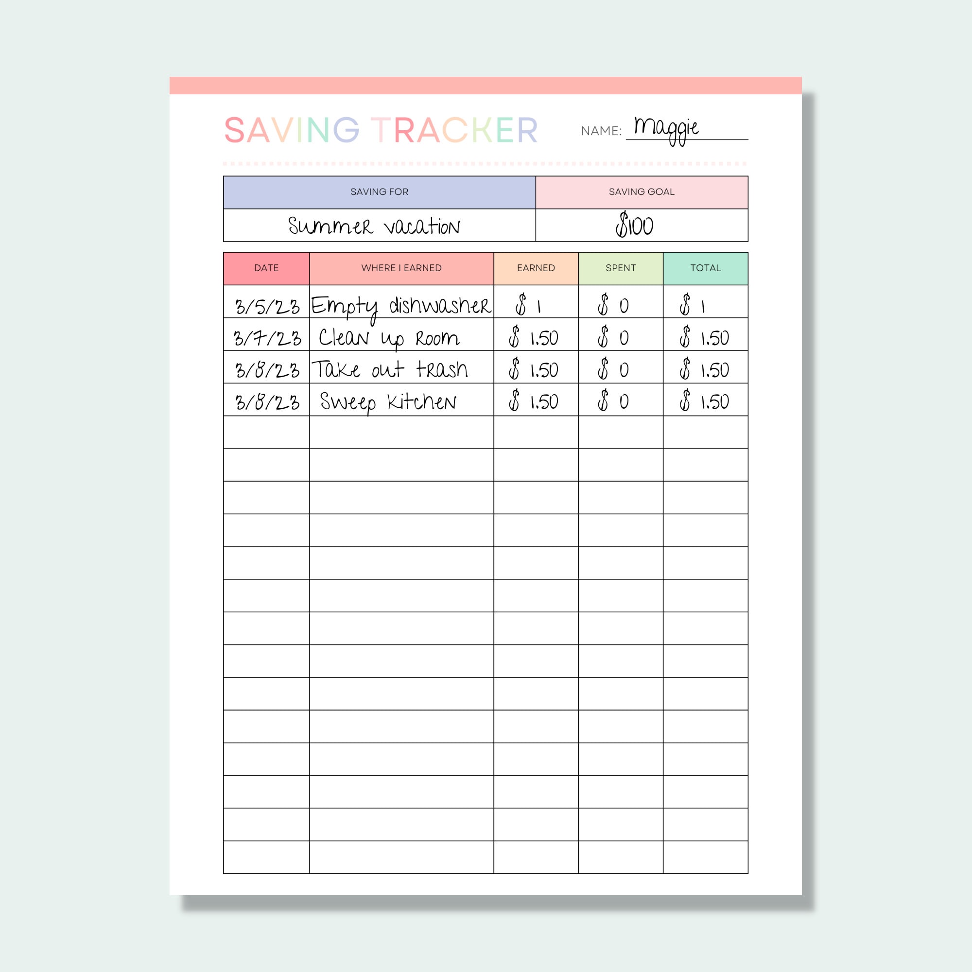 Printable Kids Savings Tracker, Kids Money Saving Goals, Financial ...