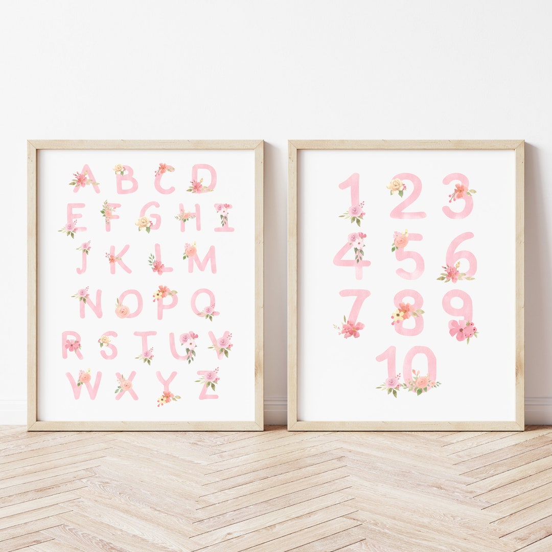 Printable Wall Art, Floral Alphabet Numbers Poster, Educational Wall ...
