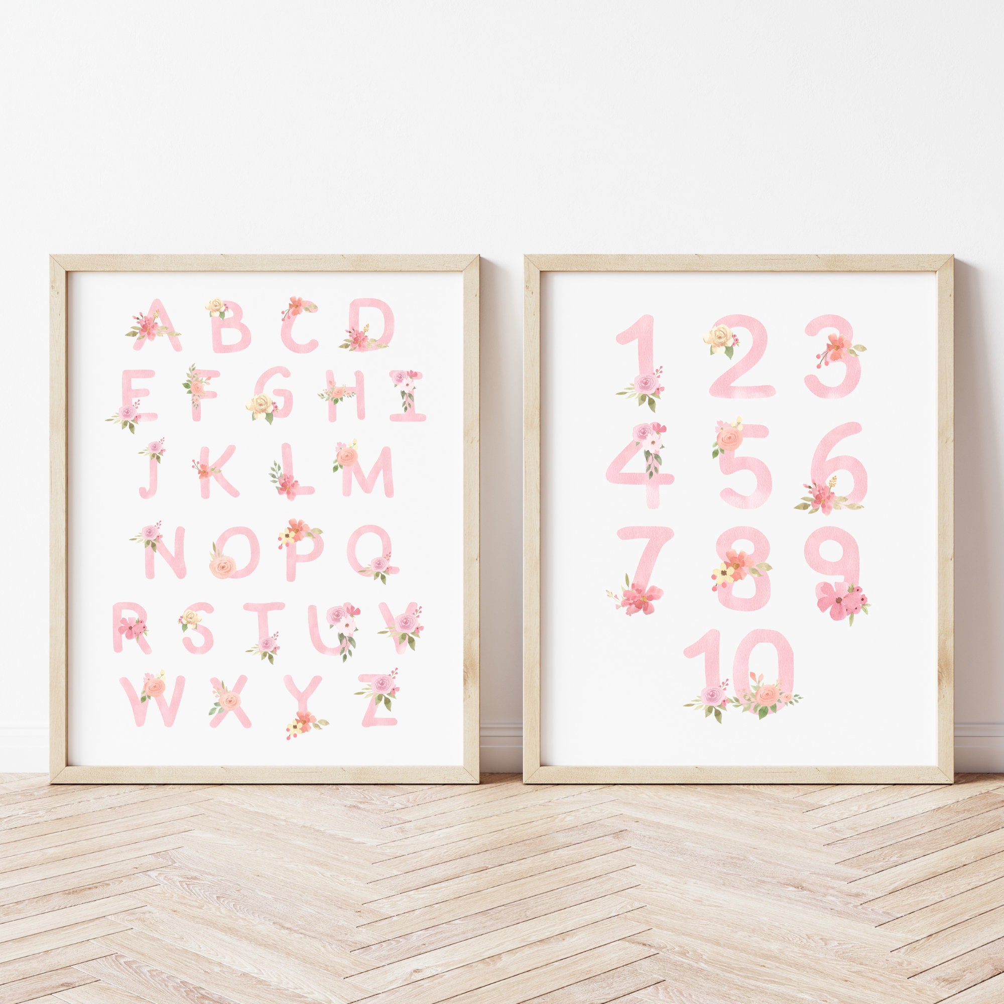 Printable Wall Art, Floral Alphabet Numbers Poster, Educational Wall ...