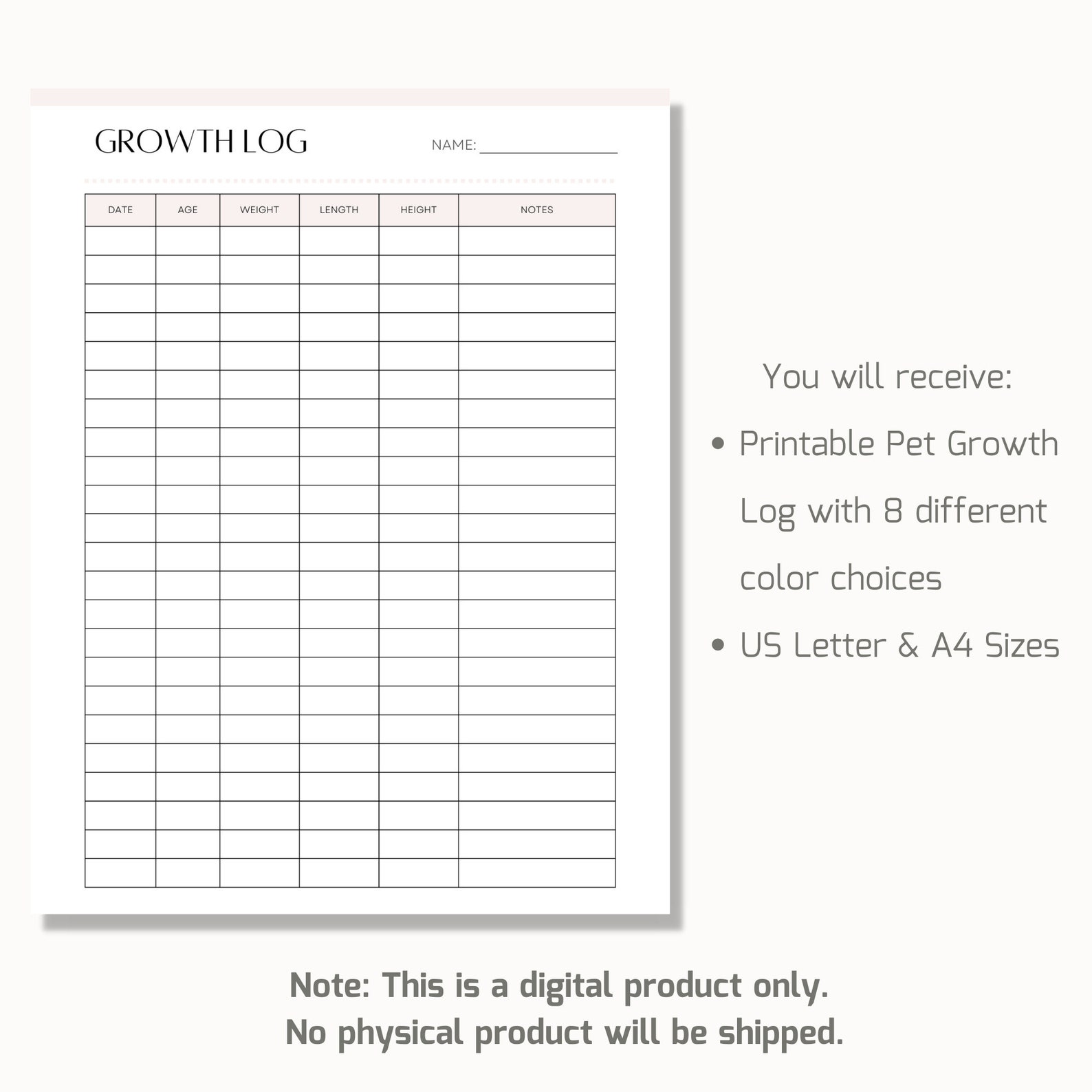 Printable Pet Growth Log, Dog Growth, Cat Growth, Puppy Growth, Kitten ...