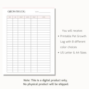Printable Pet Growth Log, Dog Growth, Cat Growth, Puppy Growth, Kitten ...