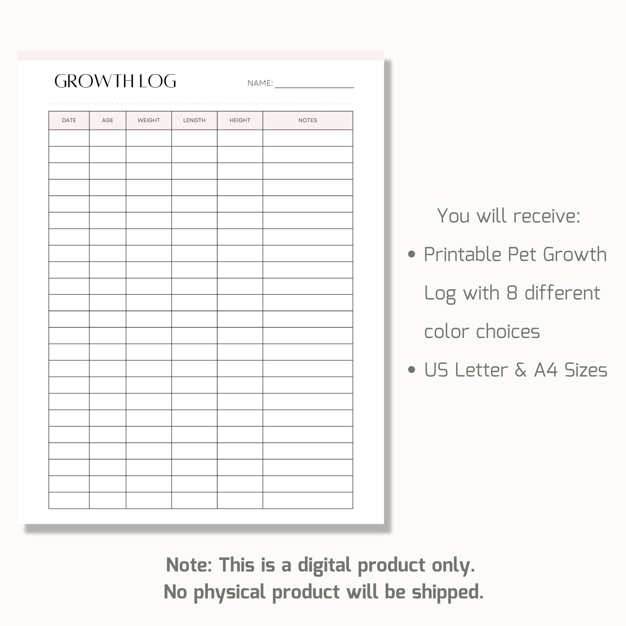 Printable Pet Growth Log, Dog Growth, Cat Growth, Puppy Growth, Kitten ...