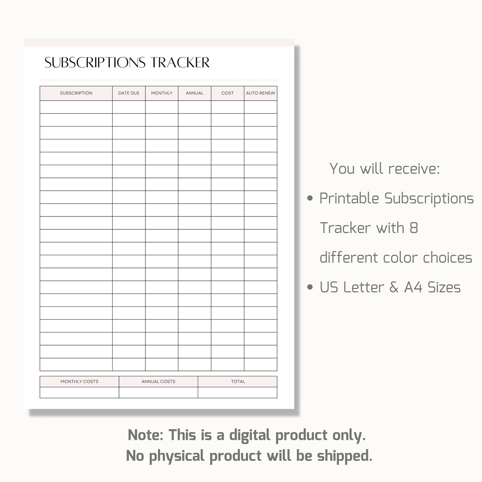 Printable Subscriptions Tracker, Monthly, Annual Subscriptions ...