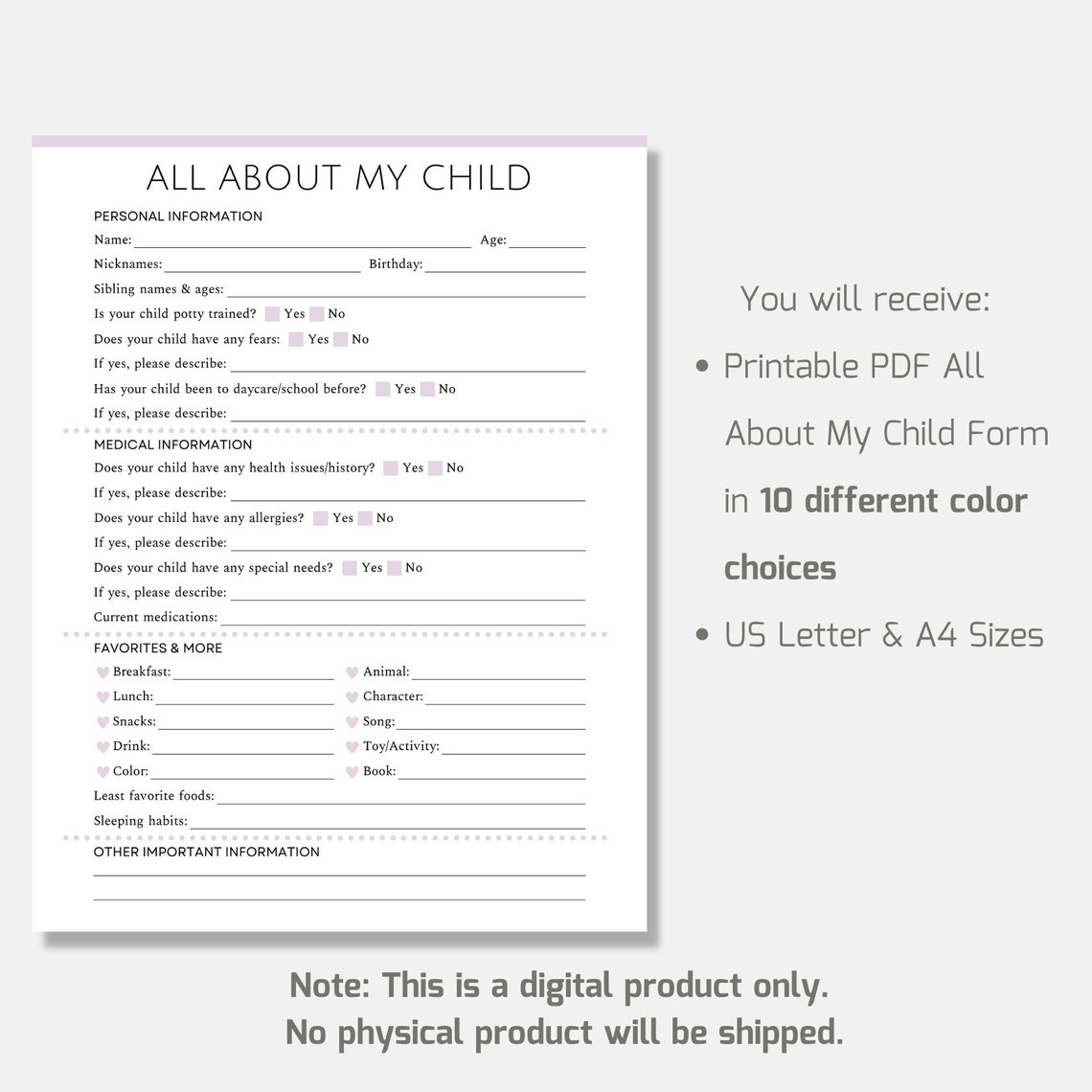 Printable Daycare All About Me Form, Child Information Sheet, Daycare ...