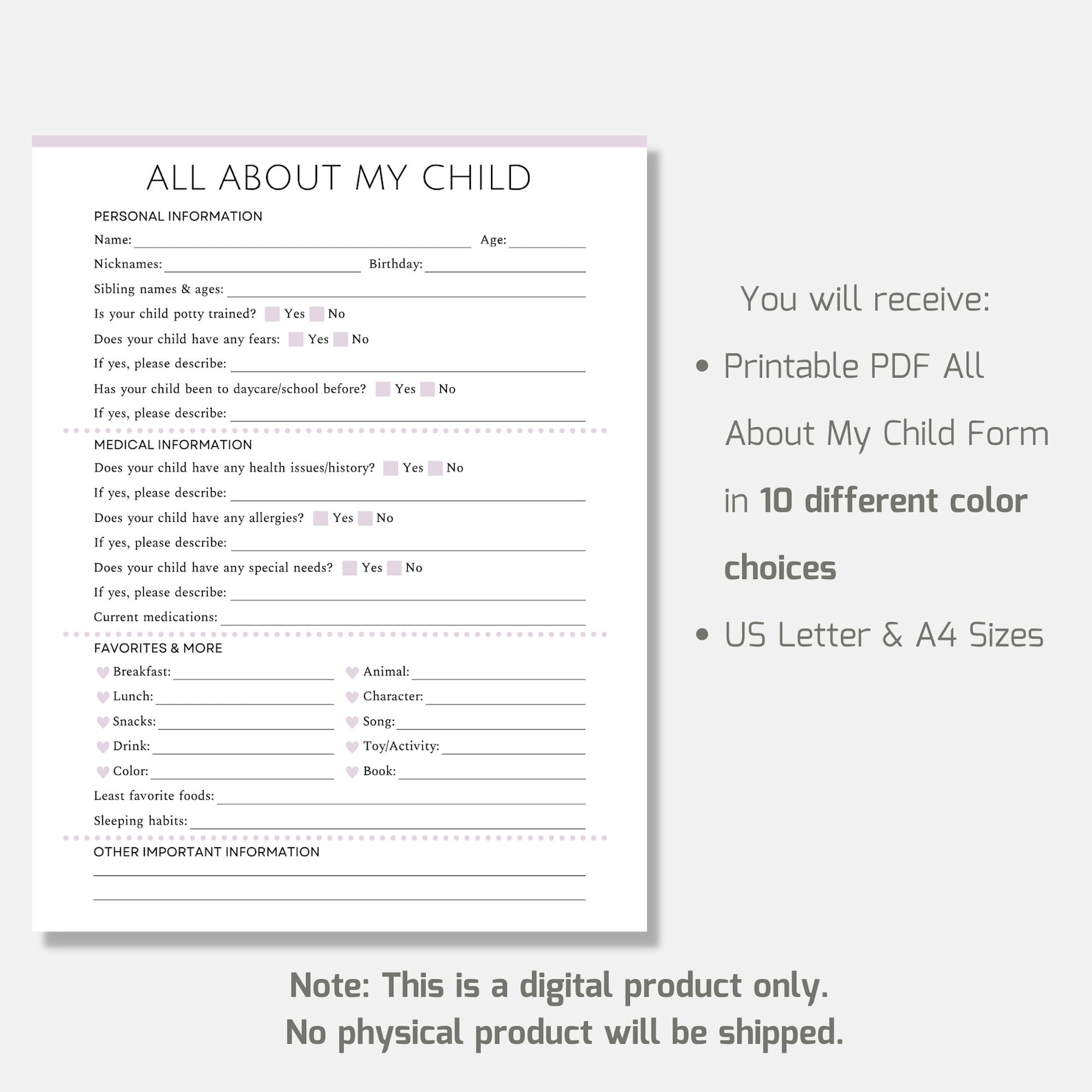 Printable Daycare All About Me Form, Child Information Sheet, Daycare ...