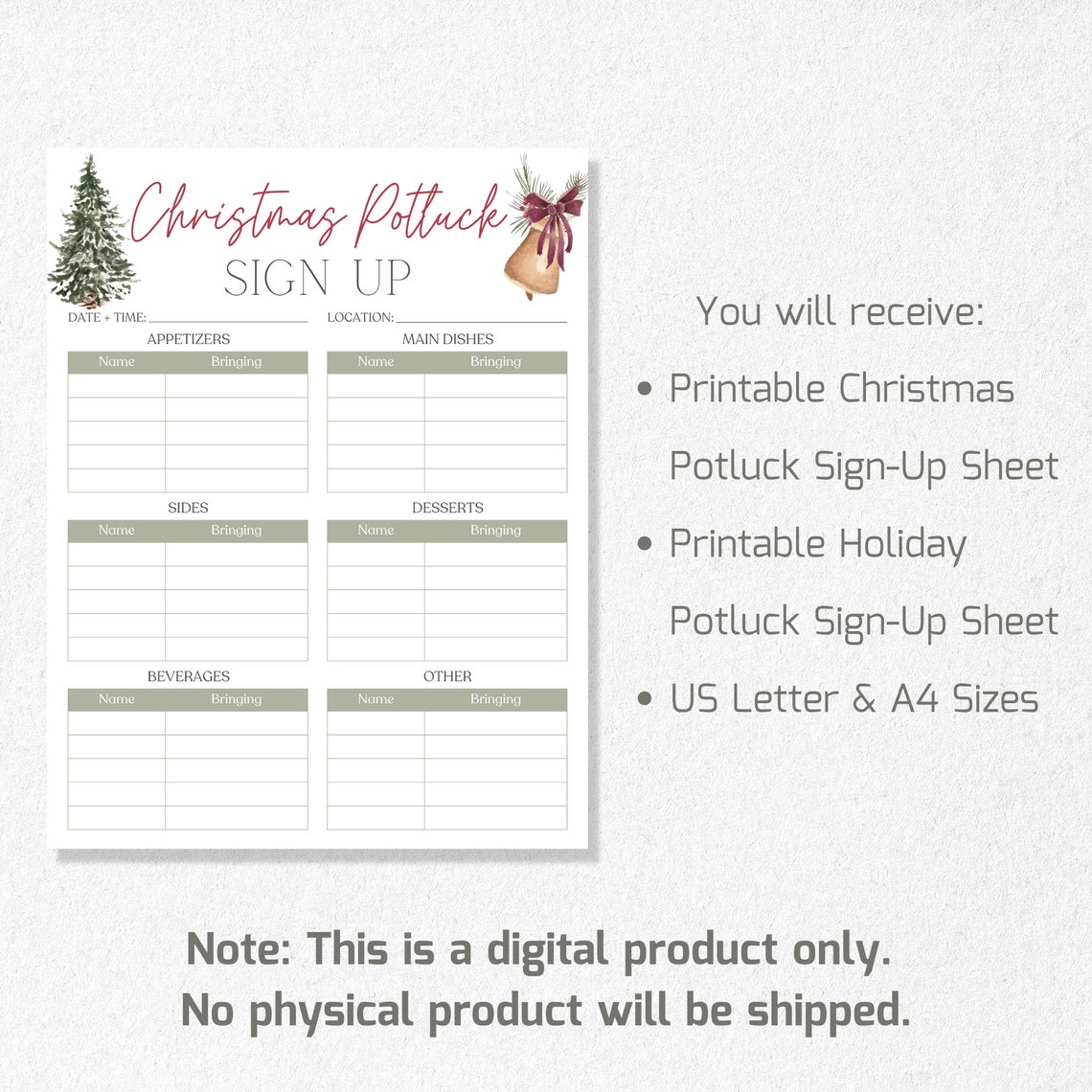 Christmas Potluck Sign up Sheet, Holiday Potluck Sign Up, Printable ...