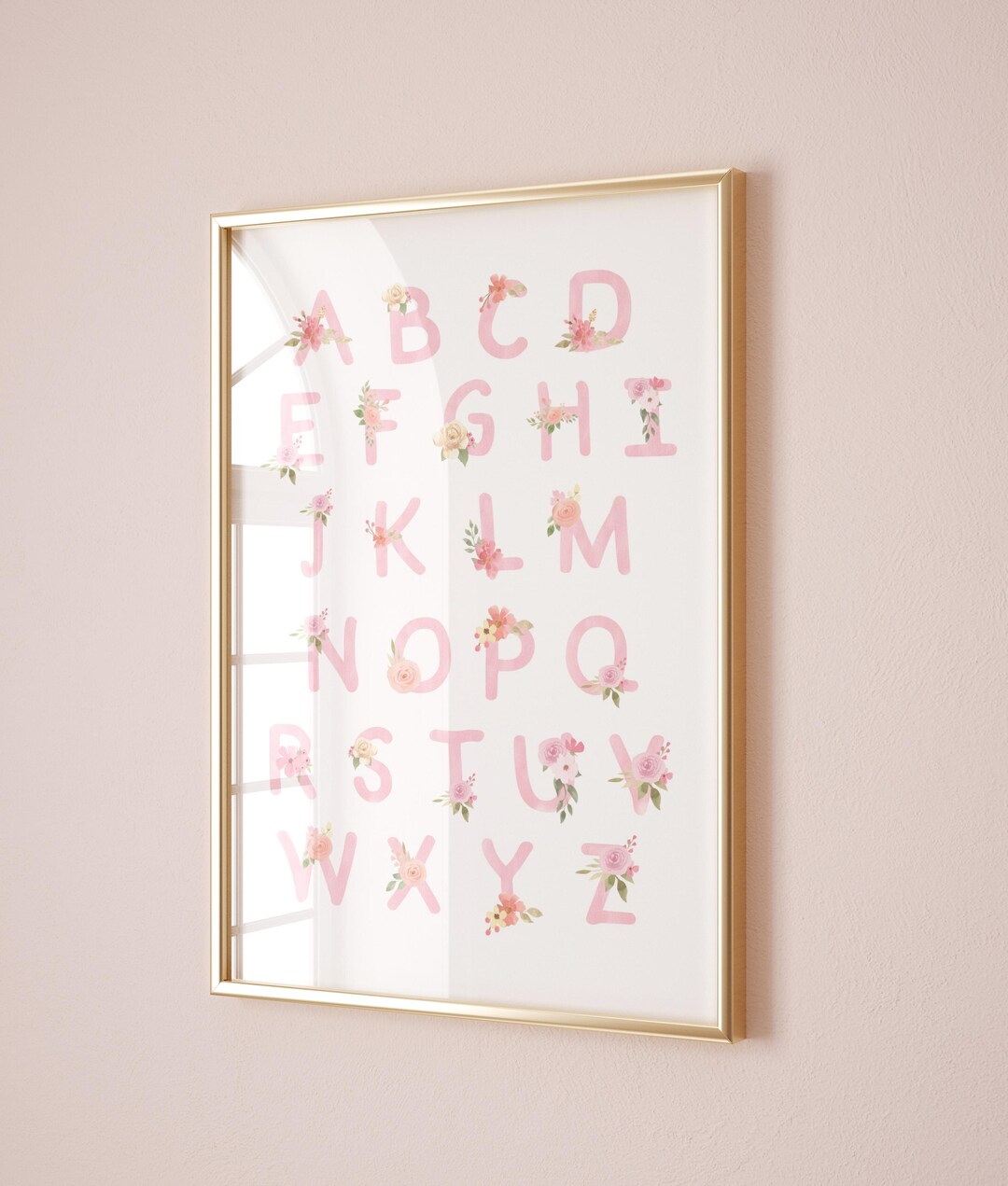 Pink Floral Alphabet Poster, Nursery Wall Art Boho, Printable Girl Wall ...