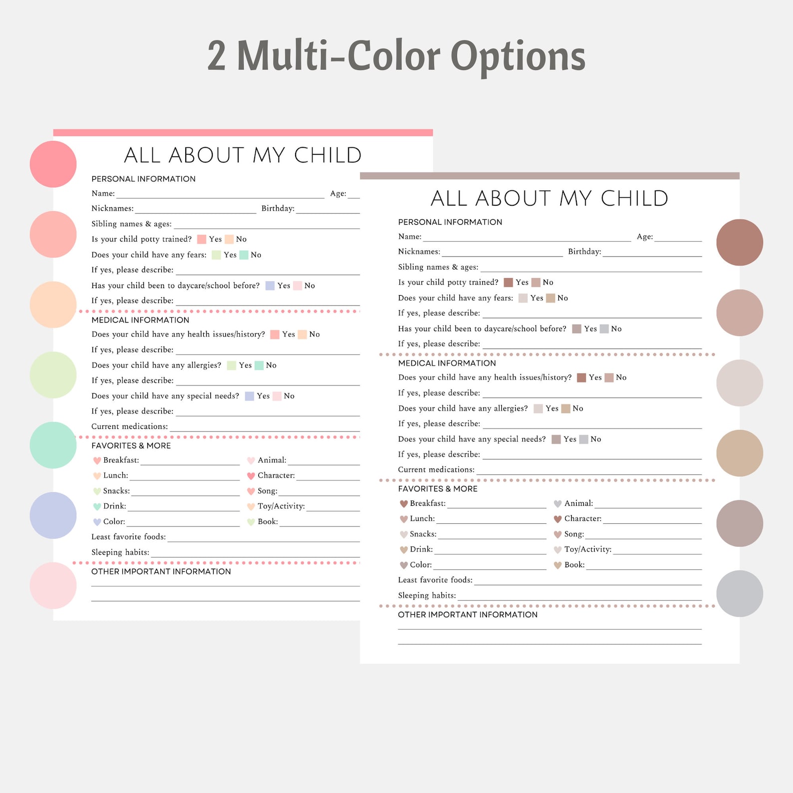 Child Info Sheet Printable, Fillable Daycare All About Me Form ...