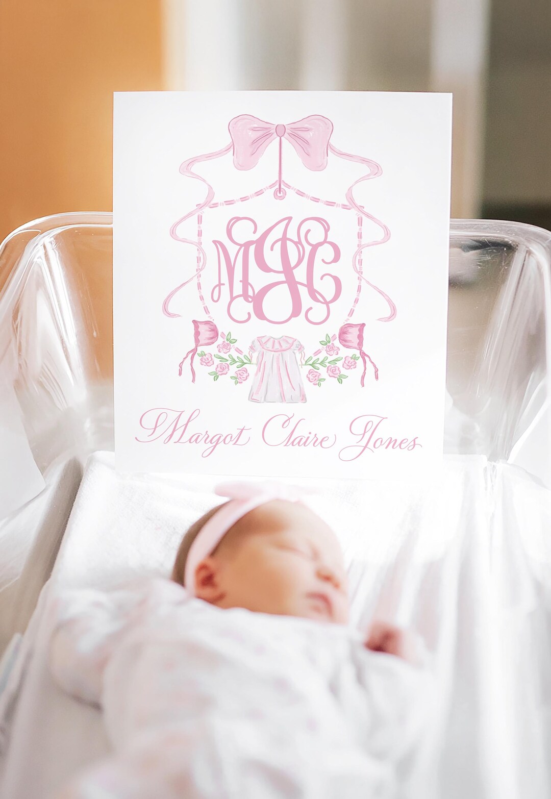 Printable Watercolor Baby Girl Bassinet Sign, Custom Monogram Hospital ...