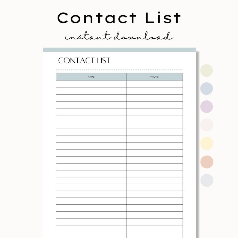 Printable Contact List, Contact Sheet, Phone Number List, Address Book ...
