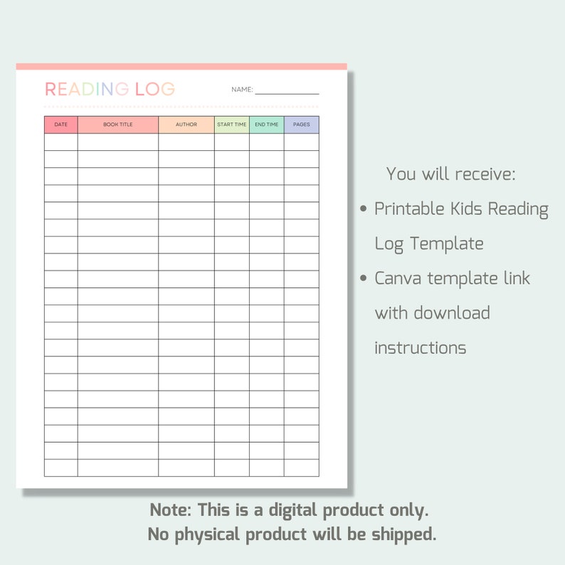 Printable Kids Reading Log Summer Reading Log Daily Reading - Etsy