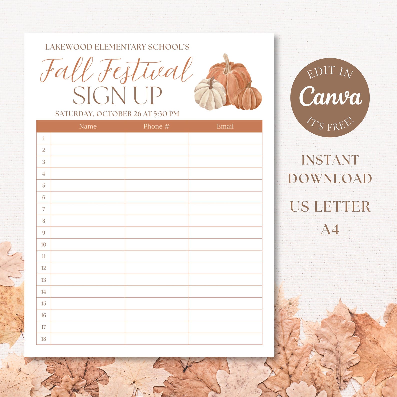 Editable Fall Festival Volunteer Sign up Sheet Template, Thanksgiving ...