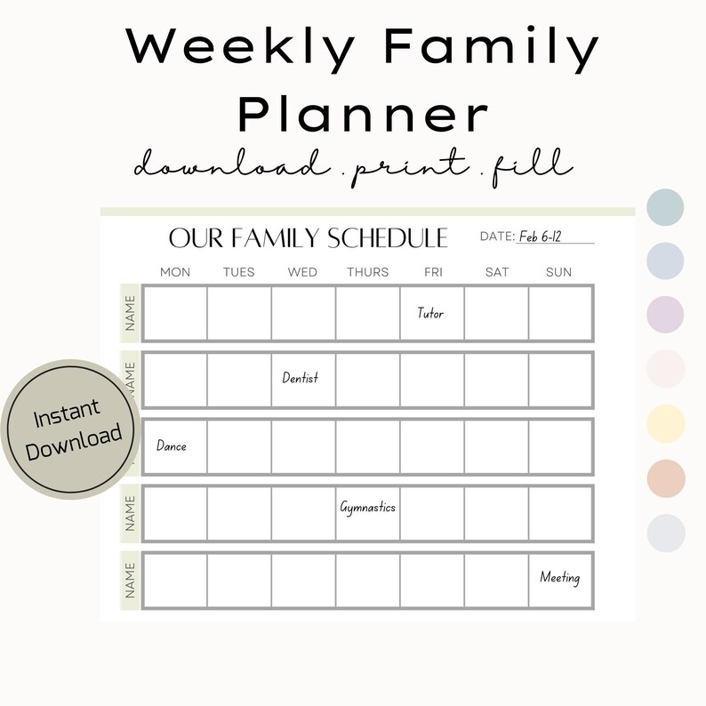 Weekly Family Schedule Weekly Family Planner Printable - Etsy