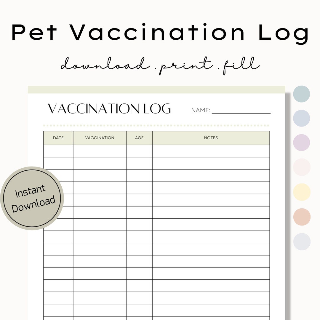 Printable Pet Vaccination Log Vaccine Tracker Dog - Etsy