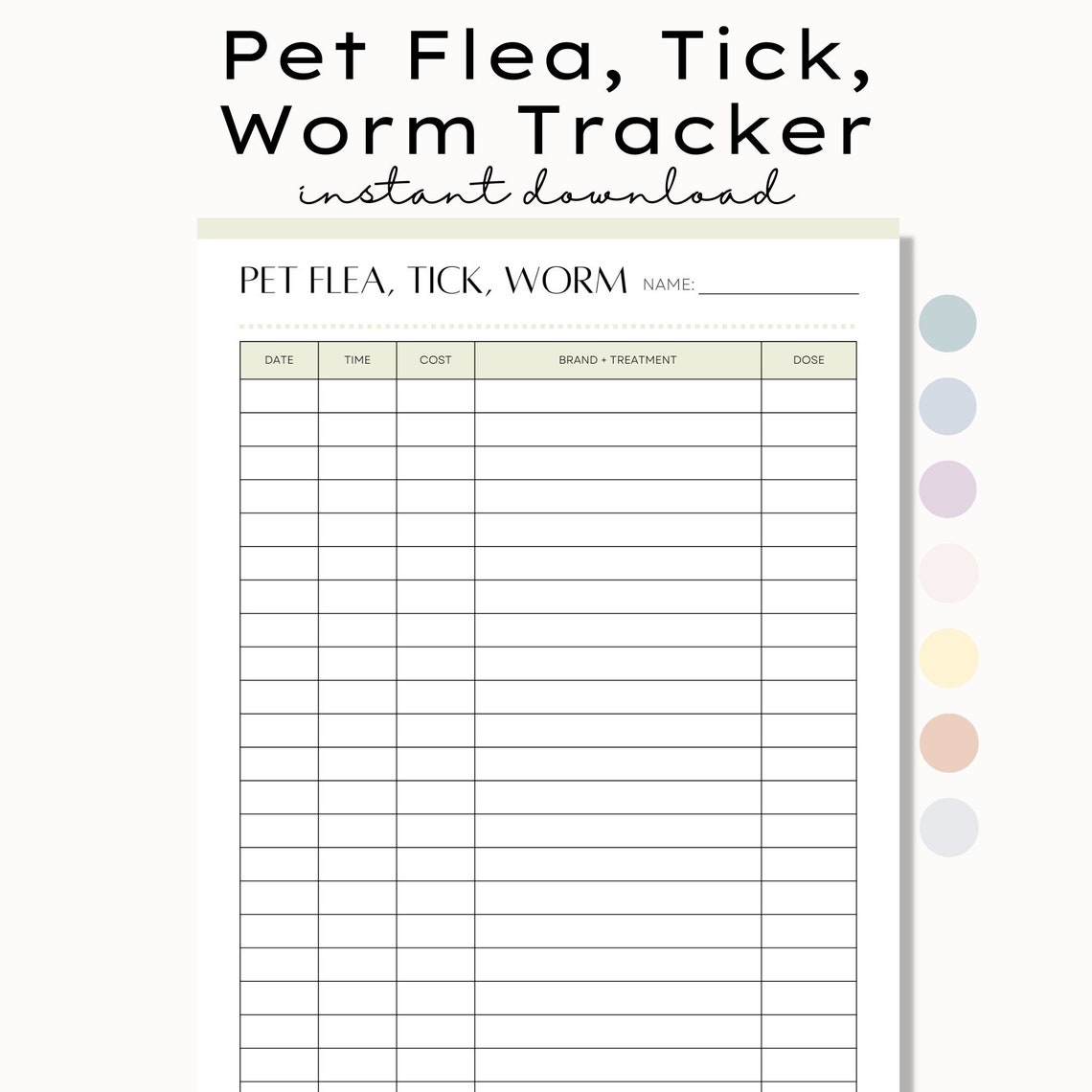 Printable Pet Flea, Tick, and Worm Treatment Tracker, Pet Health ...