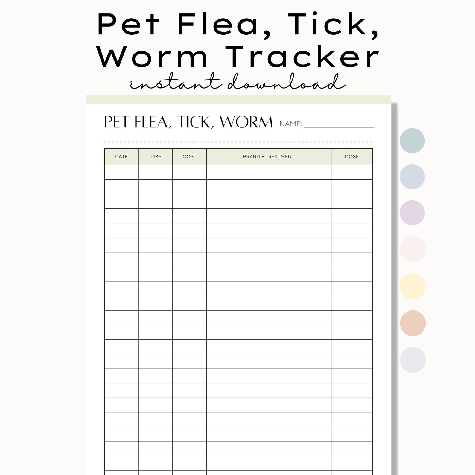 Printable Pet Flea, Tick, and Worm Treatment Tracker, Pet Health ...
