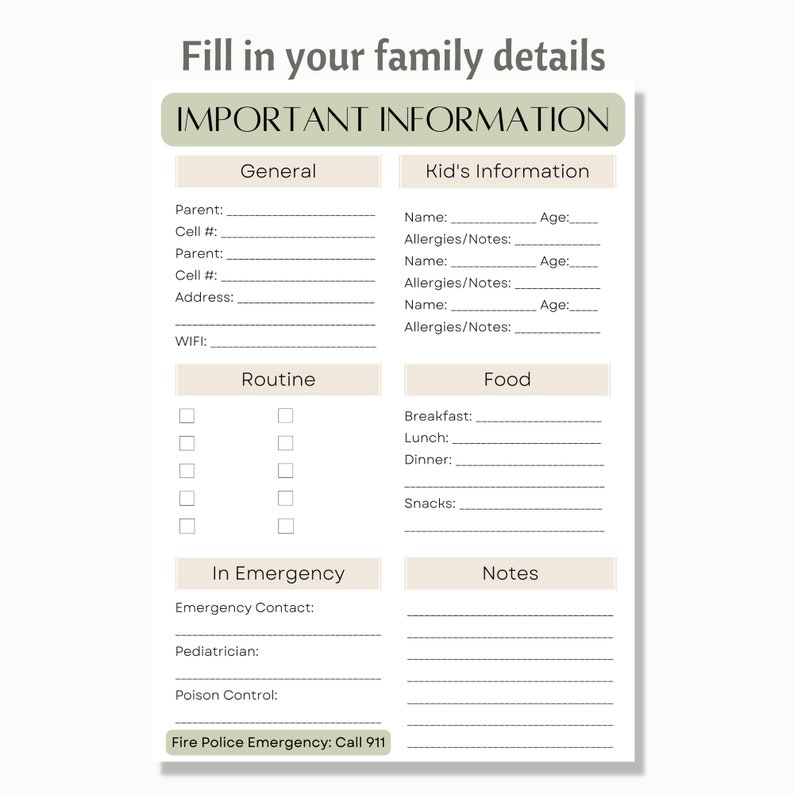 Printable Babysitter Important Information Sheet Toddler & - Etsy