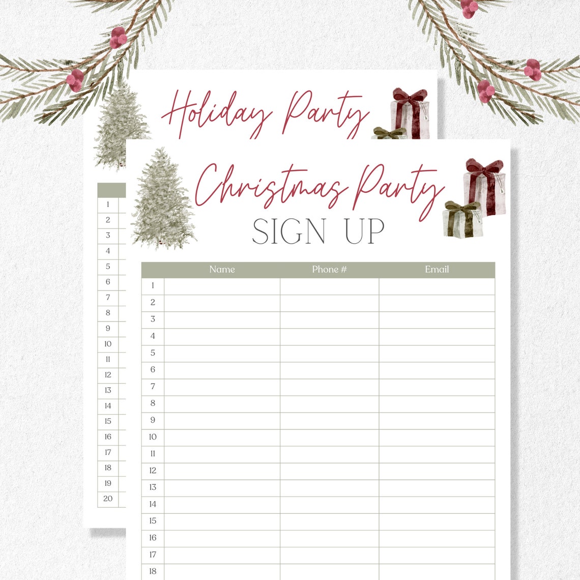 Christmas Party Sign up Sheet, Holiday Party Sign up Sheet, Printable ...
