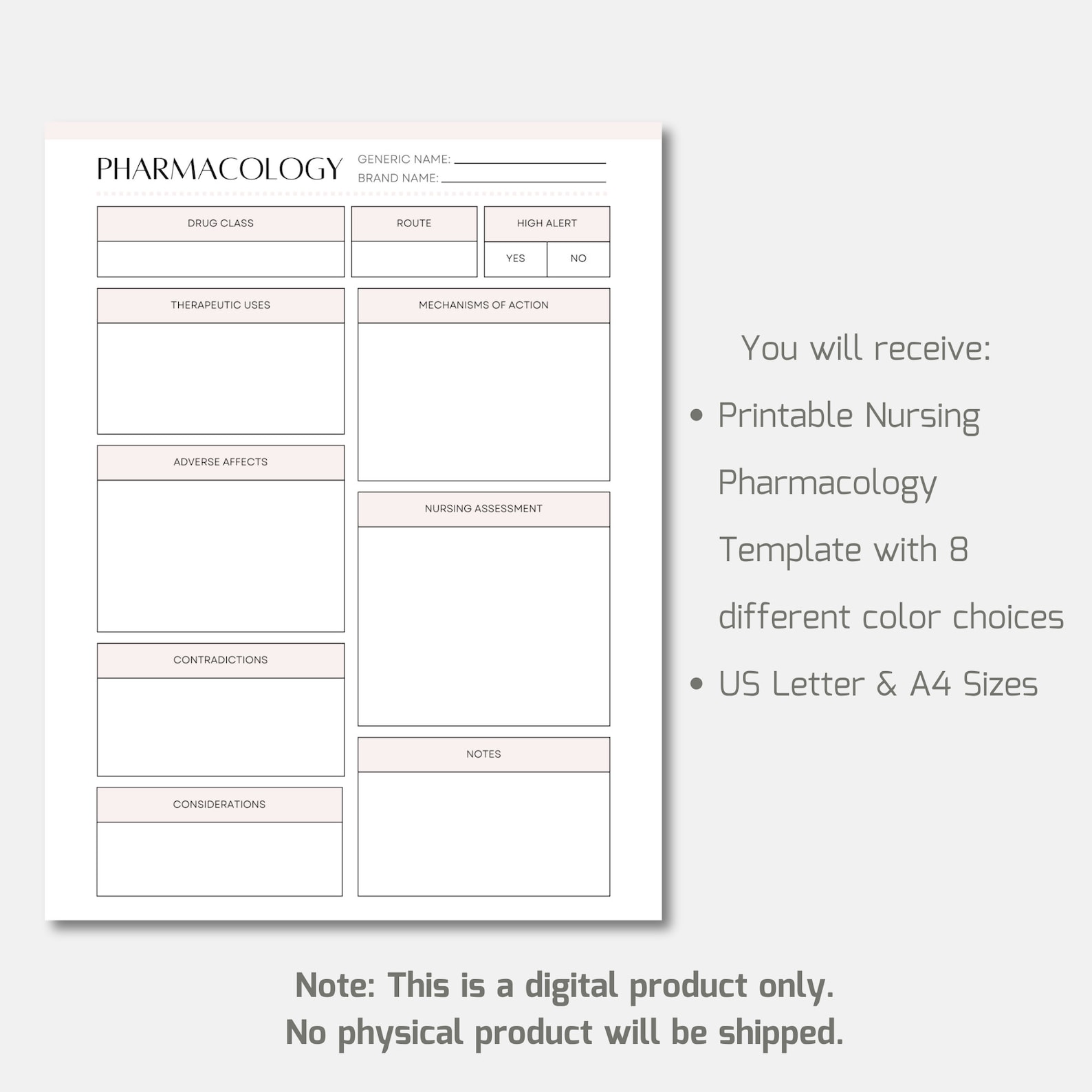 Printable Nursing Pharmacology Template, Pharmacology Notes, Nursing ...