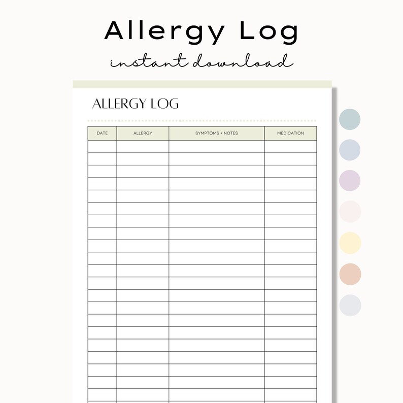 Printable Allergy Log Sheet, Health Records Tracker, Allergy Tracker ...