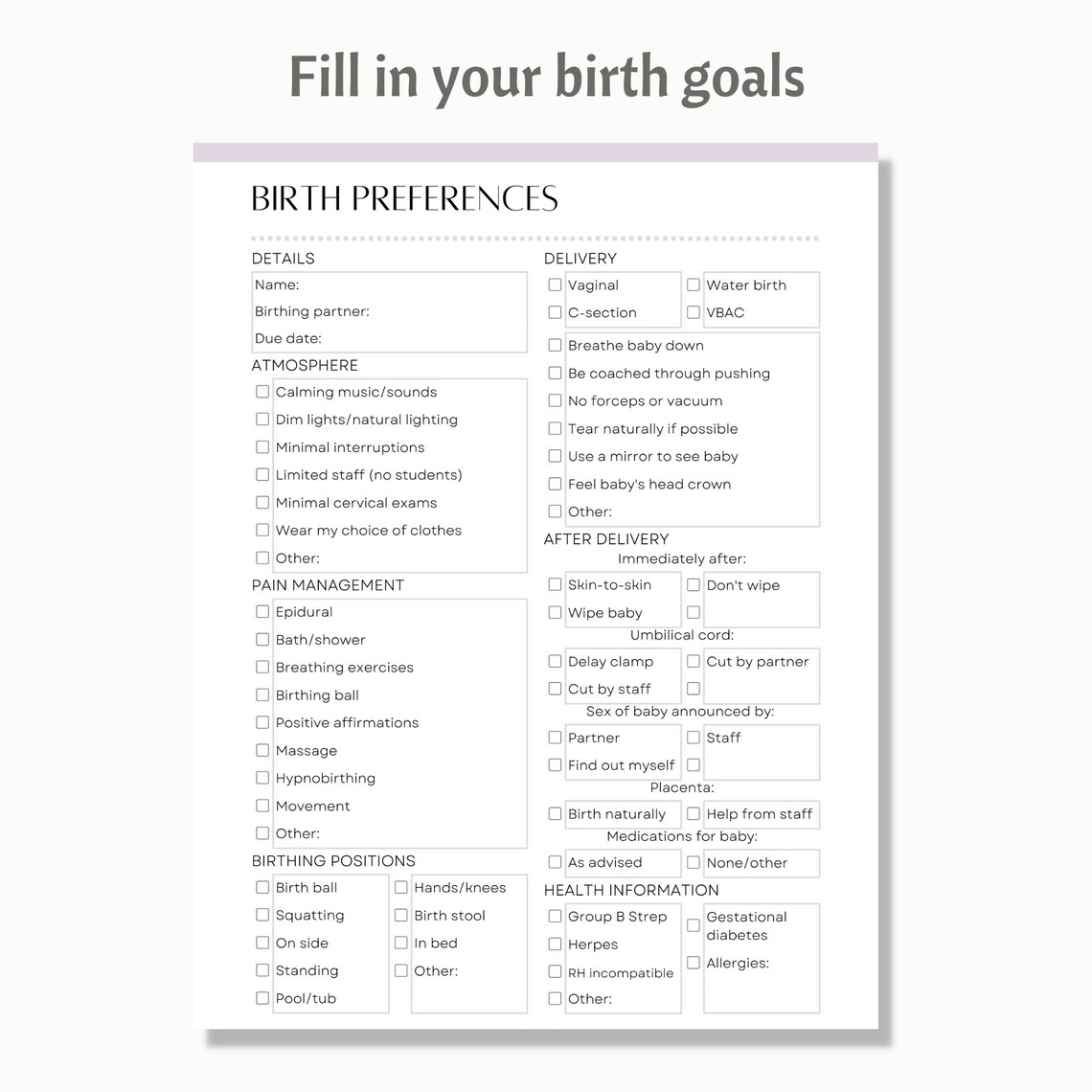 Editable Birth Plan, Birth Preferences, Editable Hospital Bag Checklist ...
