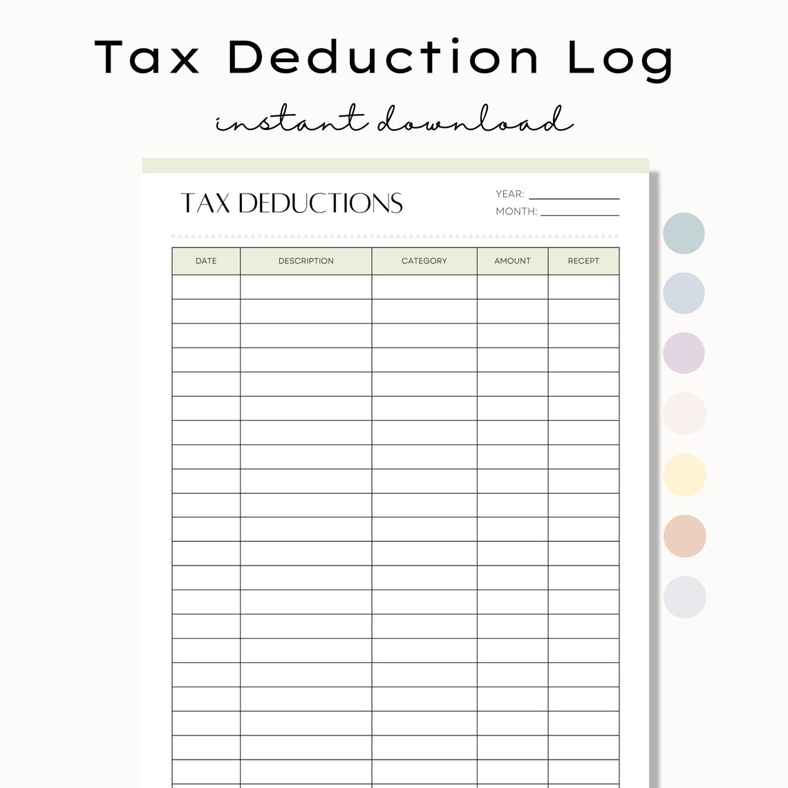 Printable Tax Deduction Tracker, Tax Deduction Log, Business Tax Log ...