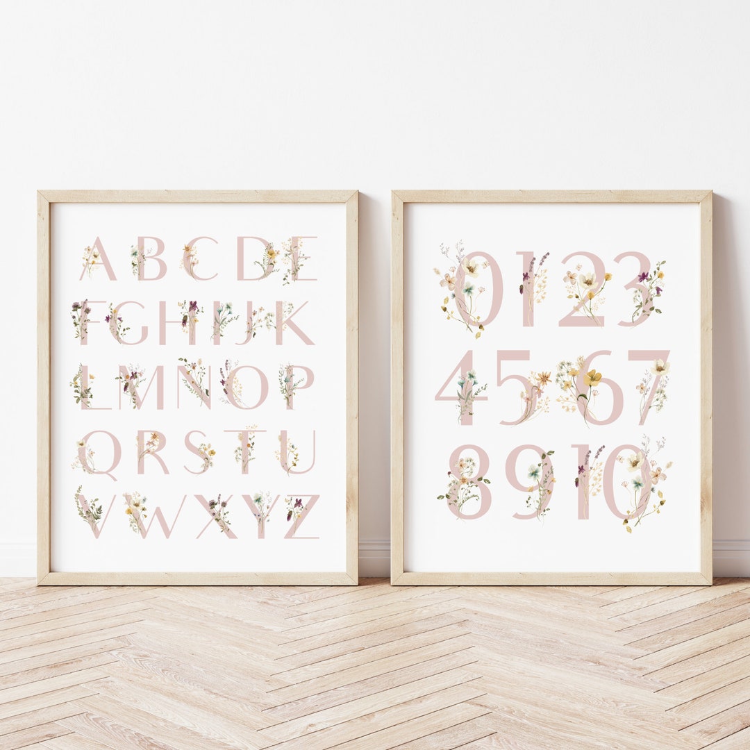 Set of 2 Wildflowers Alphabet Numbers Poster, Floral Alphabet Print ...