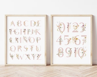 Set of 2 Wildflowers Alphabet Numbers Poster, Floral Alphabet Print ...