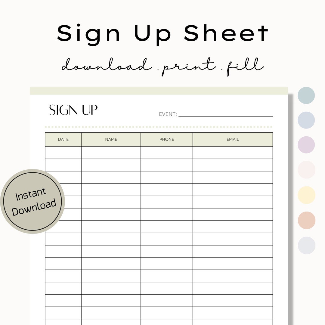 Printable Sign up Sheet Contact Sheet Event Sign up Form - Etsy