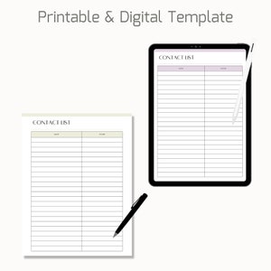 Printable Contact List, Contact Sheet, Phone Number List, Address Book ...