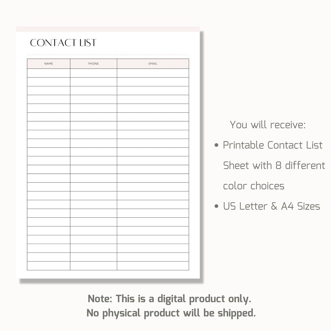Printable Contact List, Contact List Sheet, Phone Number Log, Address ...