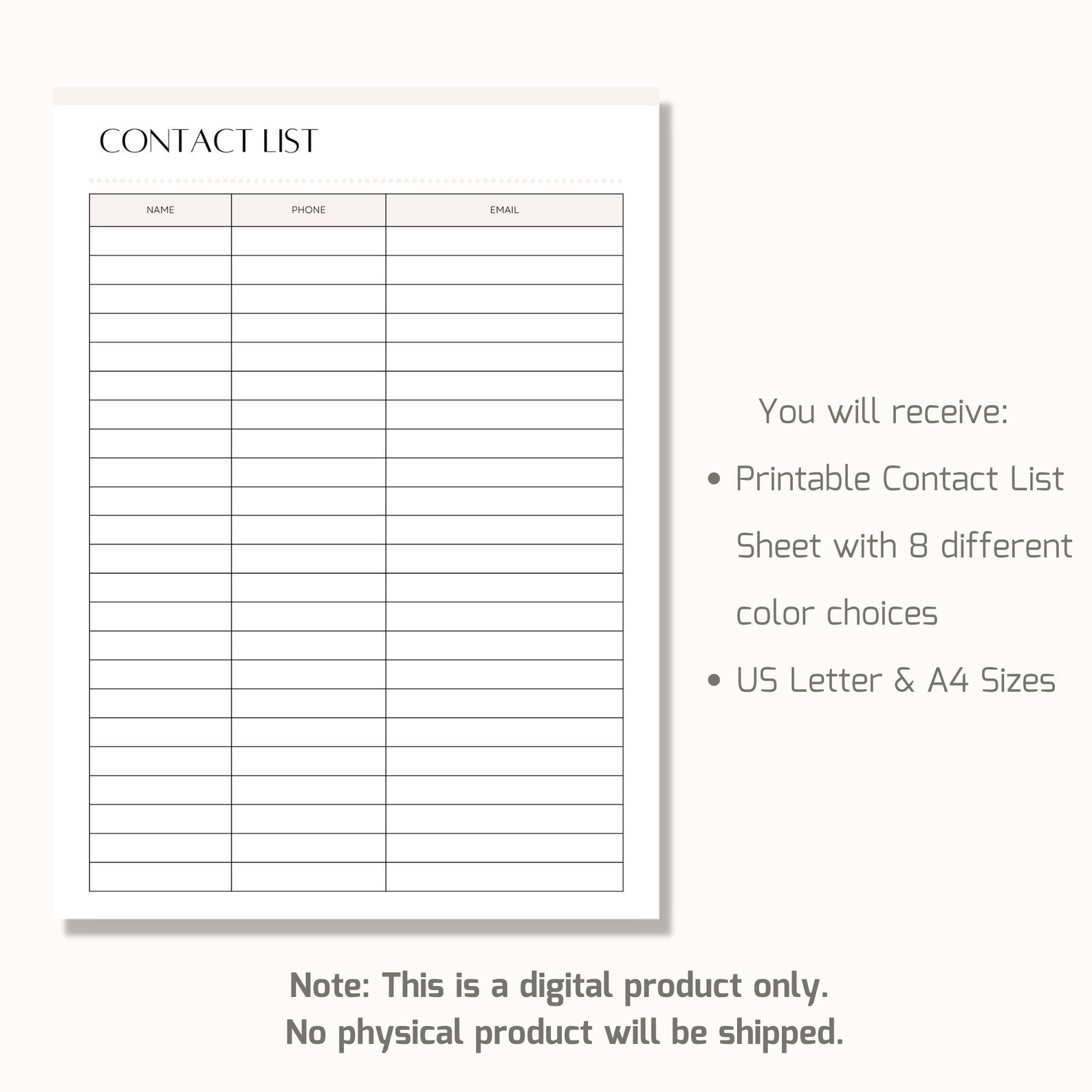 Printable Contact List, Contact List Sheet, Phone Number List, Contacts ...