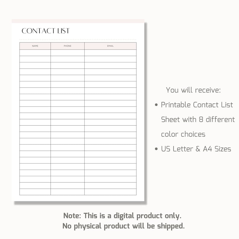 Printable Contact List, Contact List Sheet, Phone Number List, Contacts ...