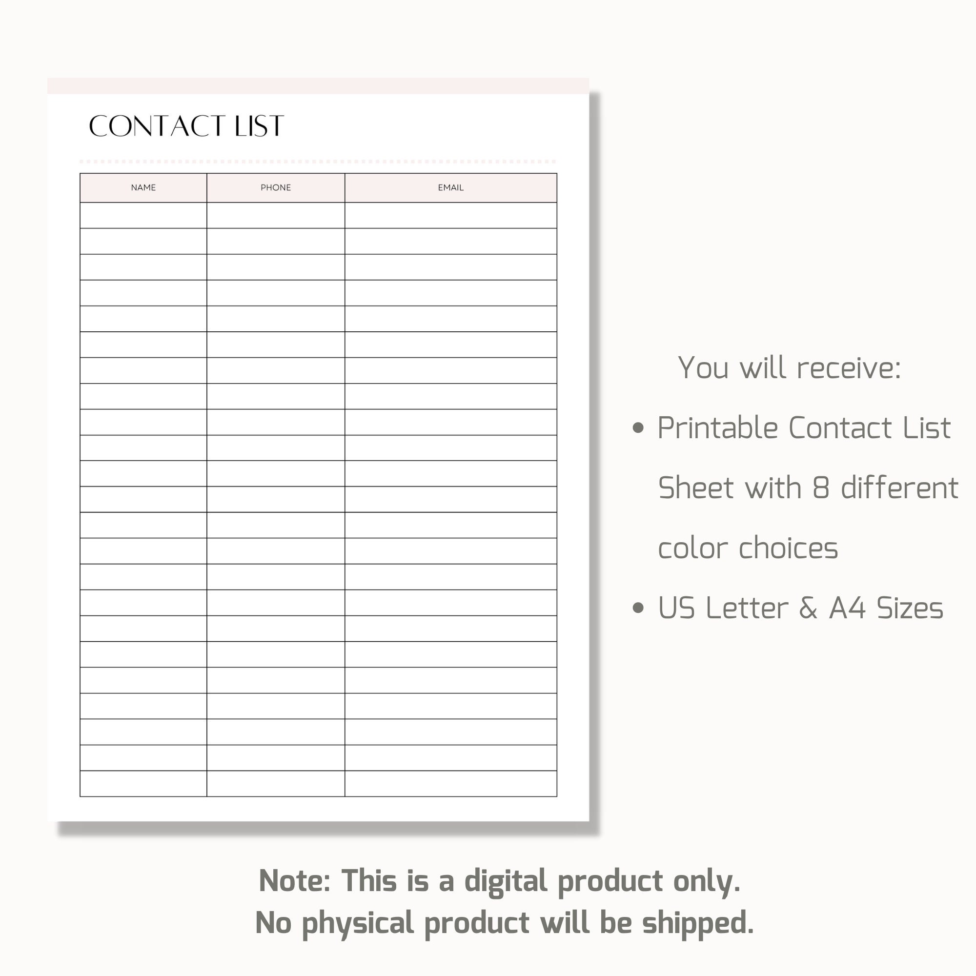 Printable Contact List, Contact List Sheet, Phone Number List, Contacts ...