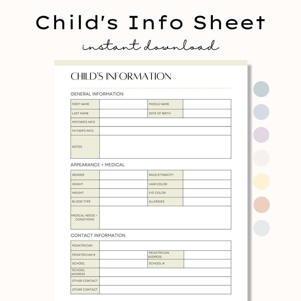 Printable Child's Information Sheet, Important Information Sheet ...