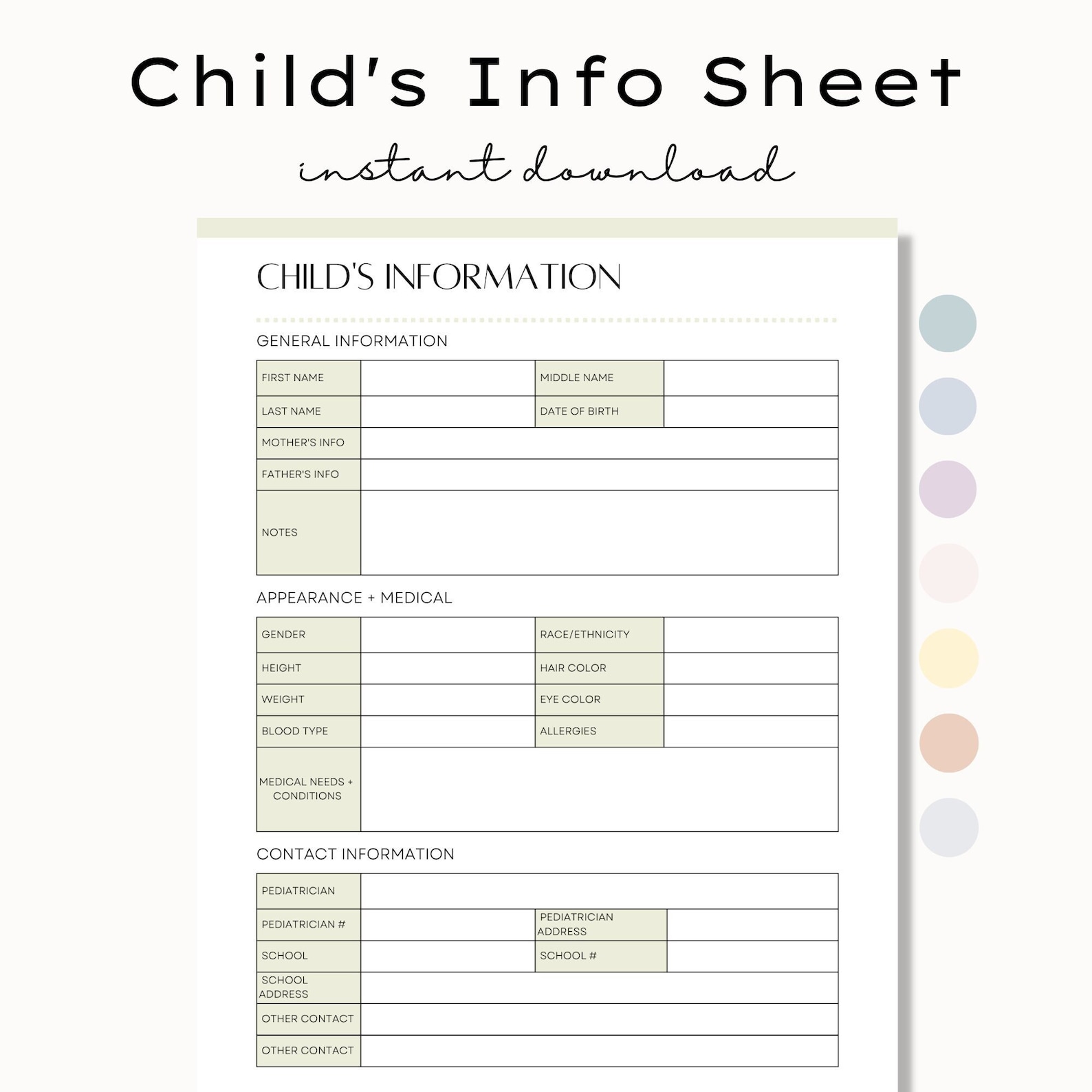 Printable Child's Information Sheet, Important Information Sheet ...