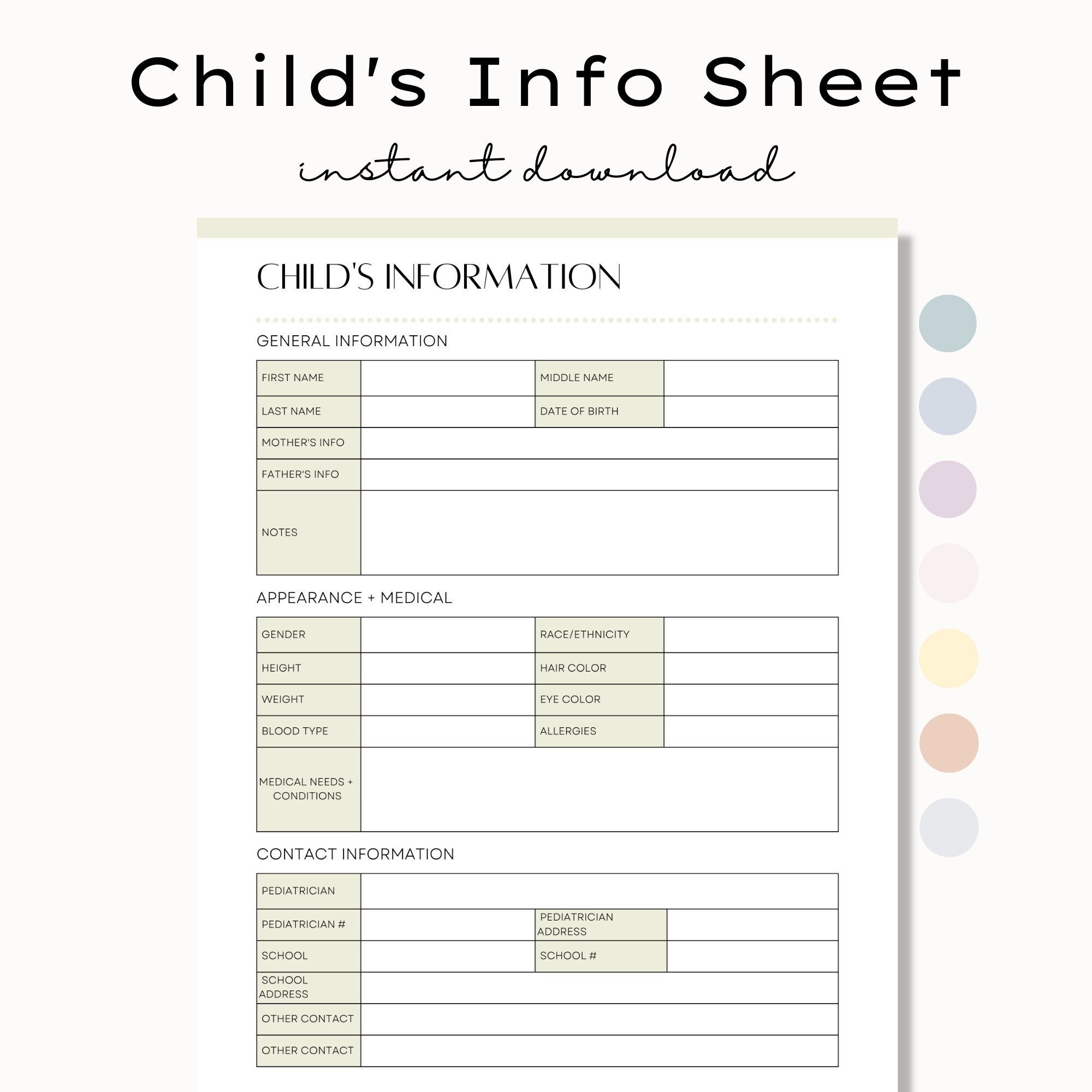 Printable Child's Information Sheet, Important Information Sheet ...