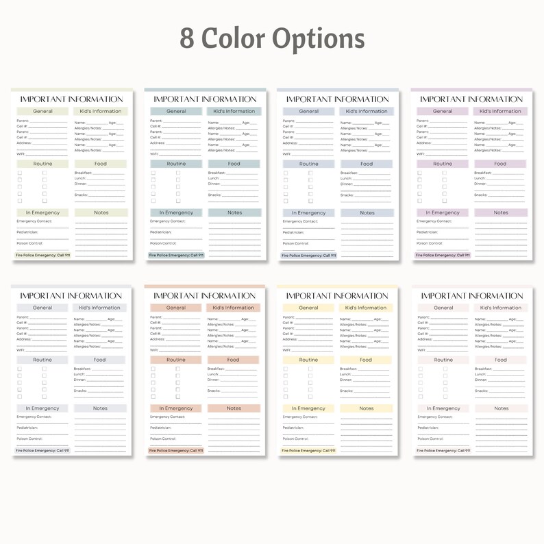 Printable Babysitter Info Sheet, Babysitter Contact Info, New ...