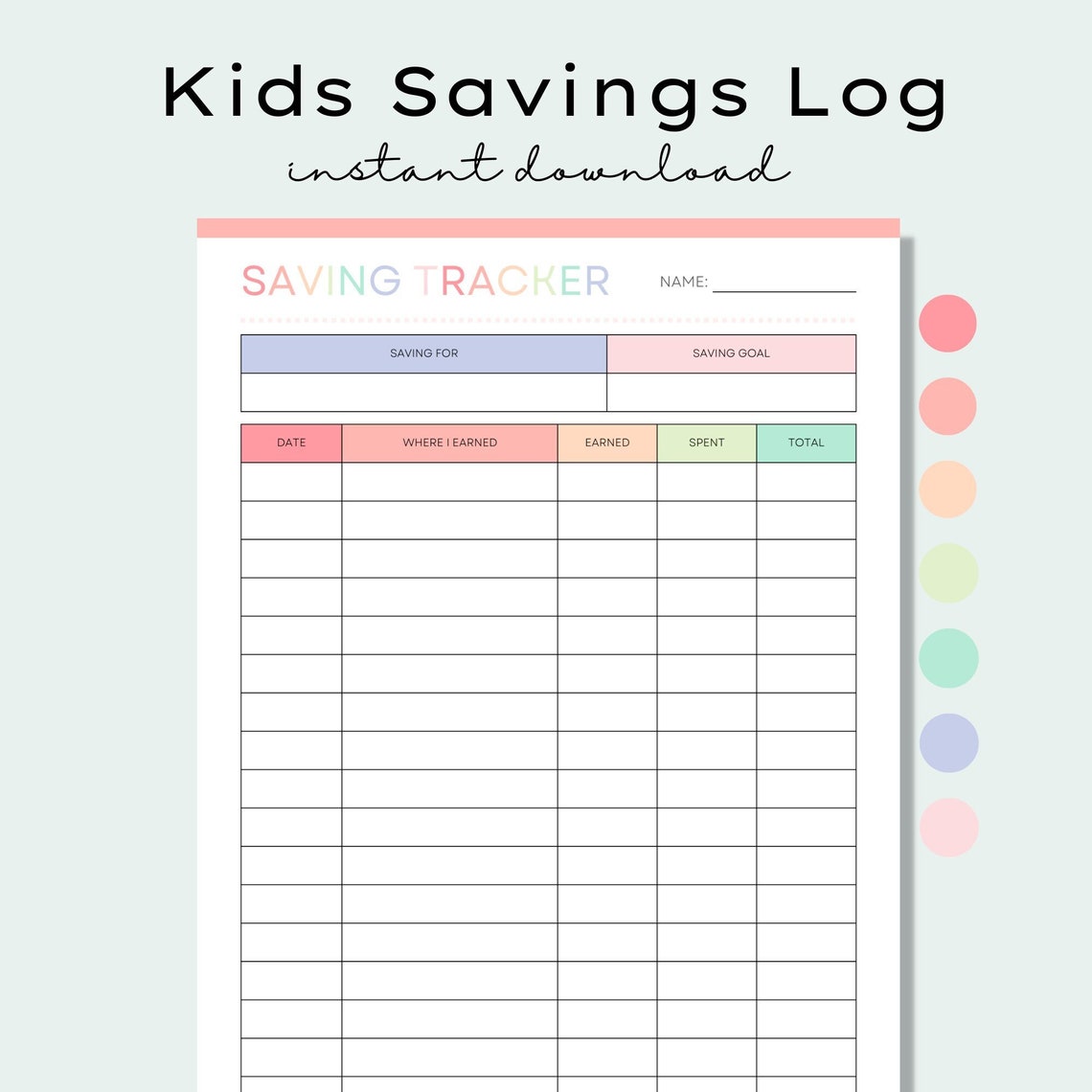 Printable Kids Savings Tracker, Kids Money Saving Goals, Financial ...