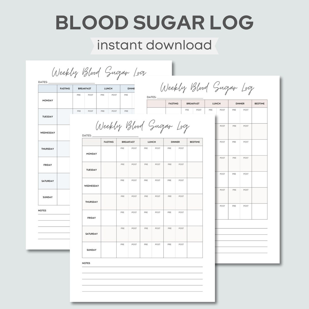 Printable Blood Sugar Log, Diabetes Tracker, Blood Glucose Log ...