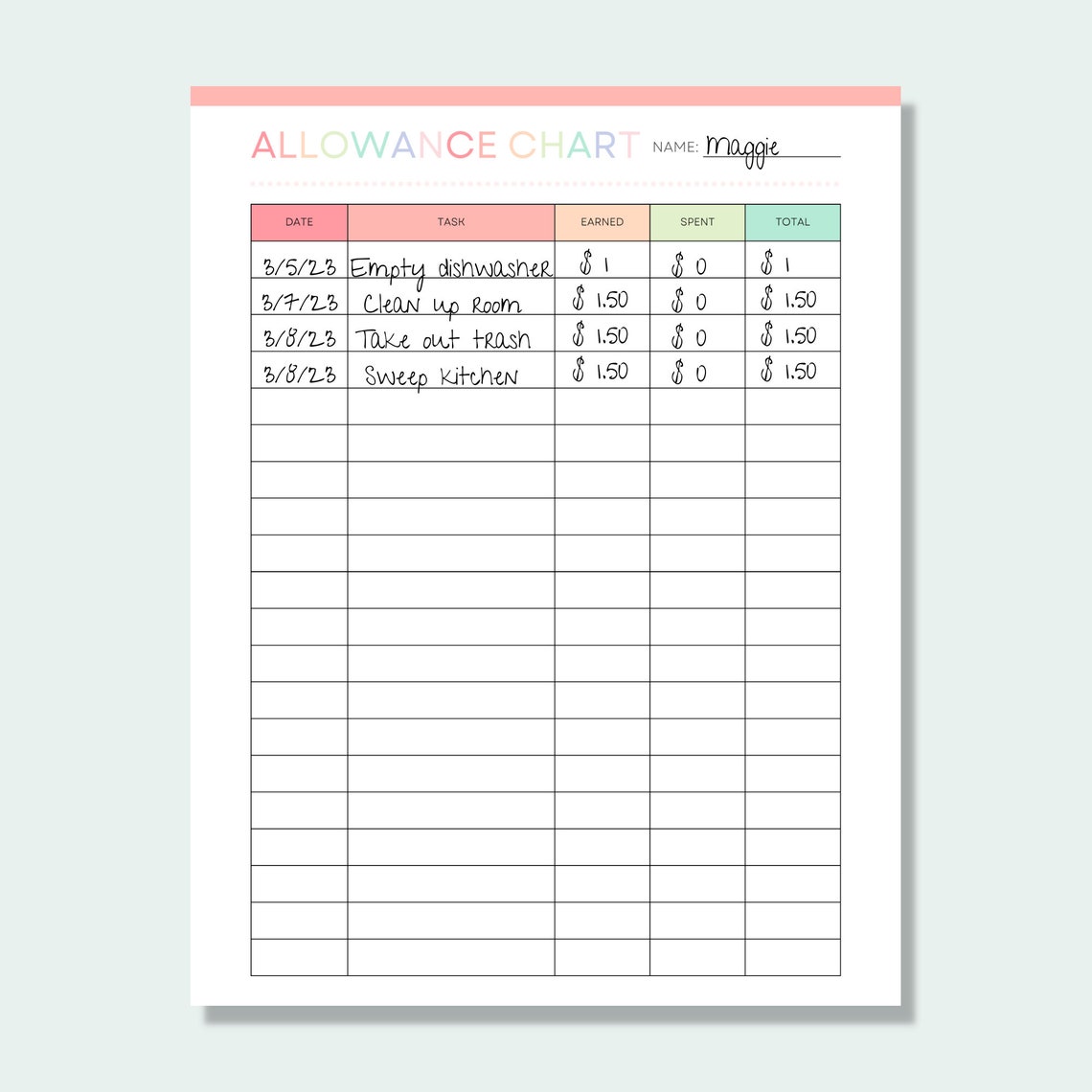 Printable Kids Allowance Chart, Allowance Tracker, Kids Savings Tracker ...