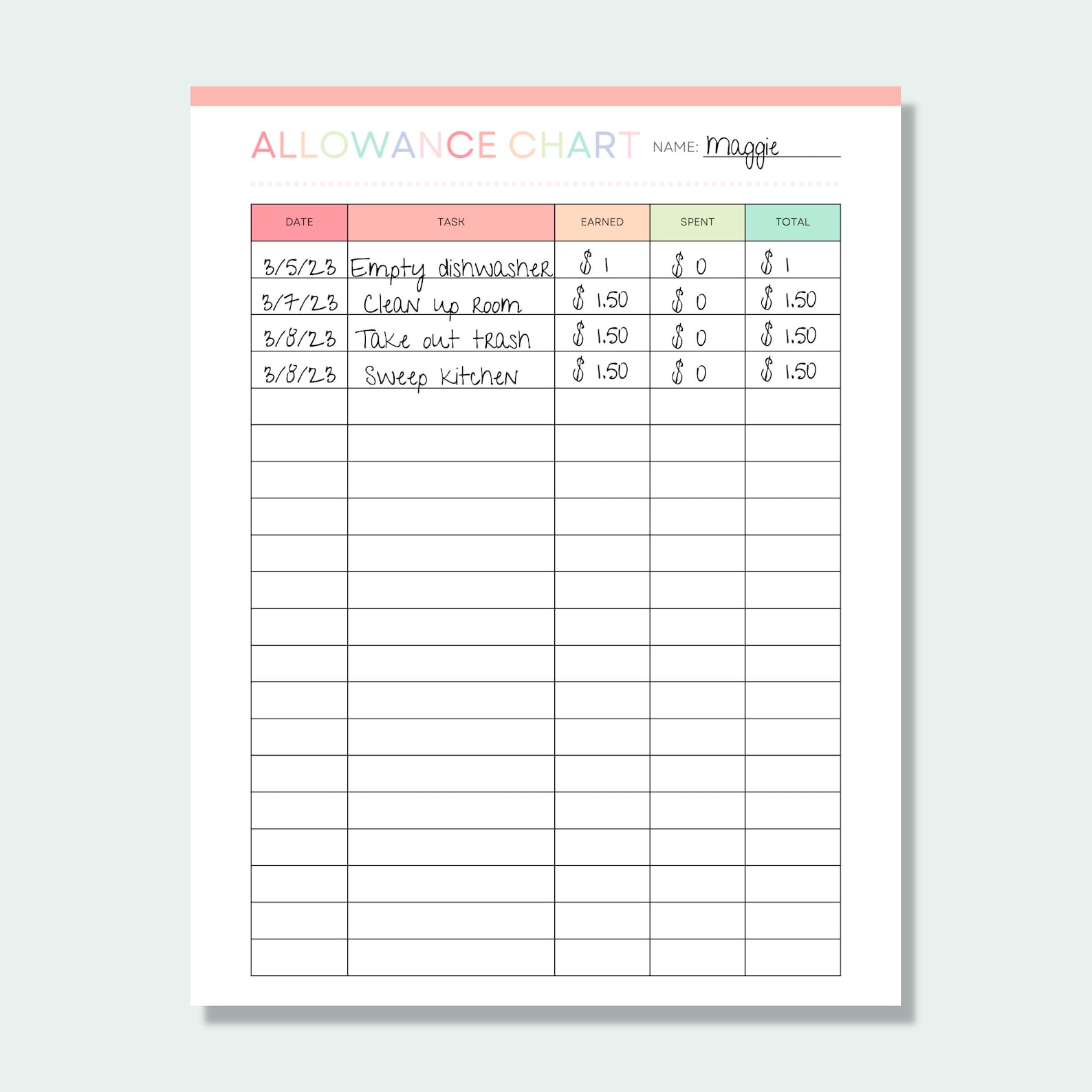 Printable Kids Allowance Chart, Allowance Tracker, Kids Savings Tracker ...