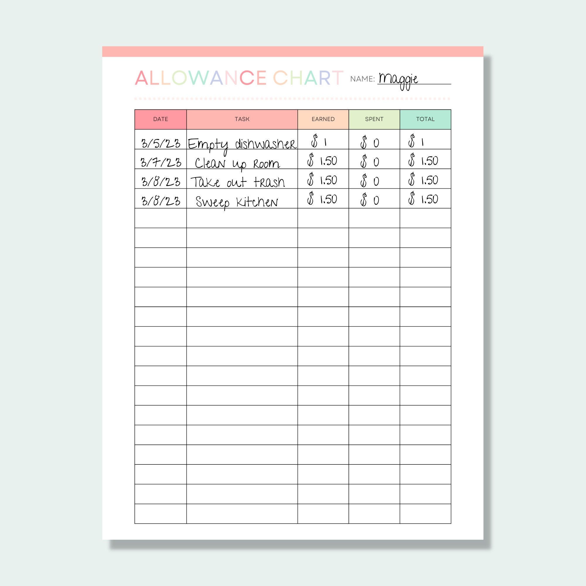 Printable Kids Allowance Chart, Allowance Tracker, Kids Savings Tracker ...